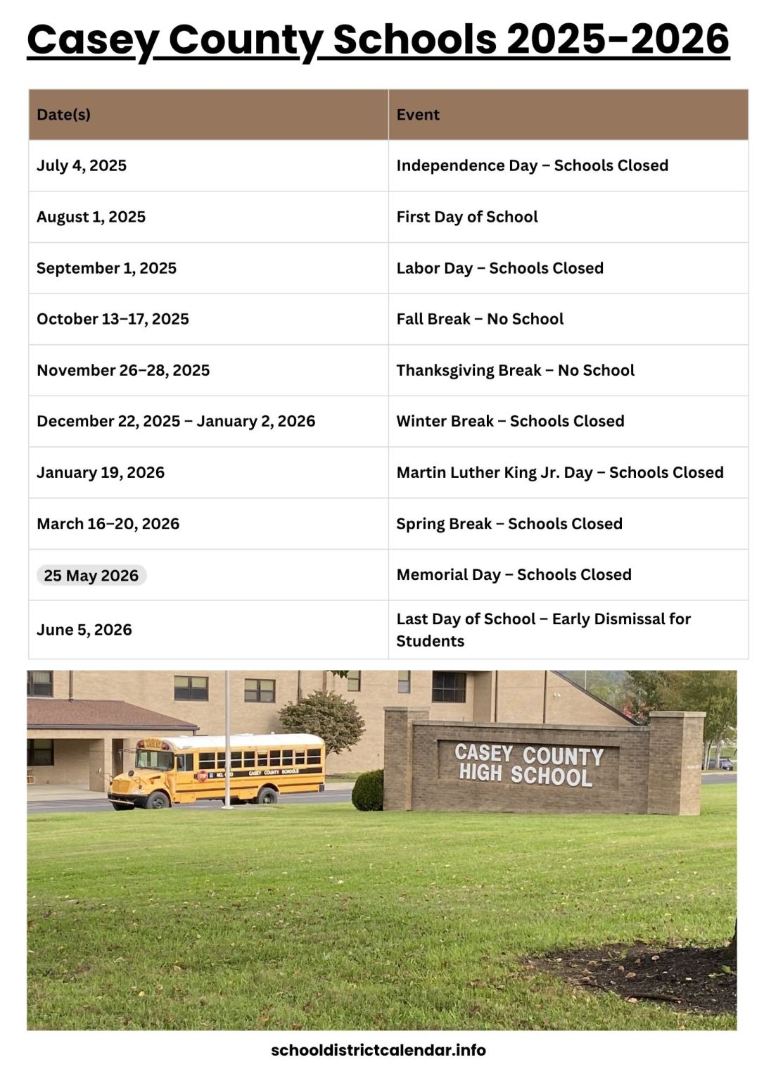 Casey County Schools Calendar with Holidays 2025-2026