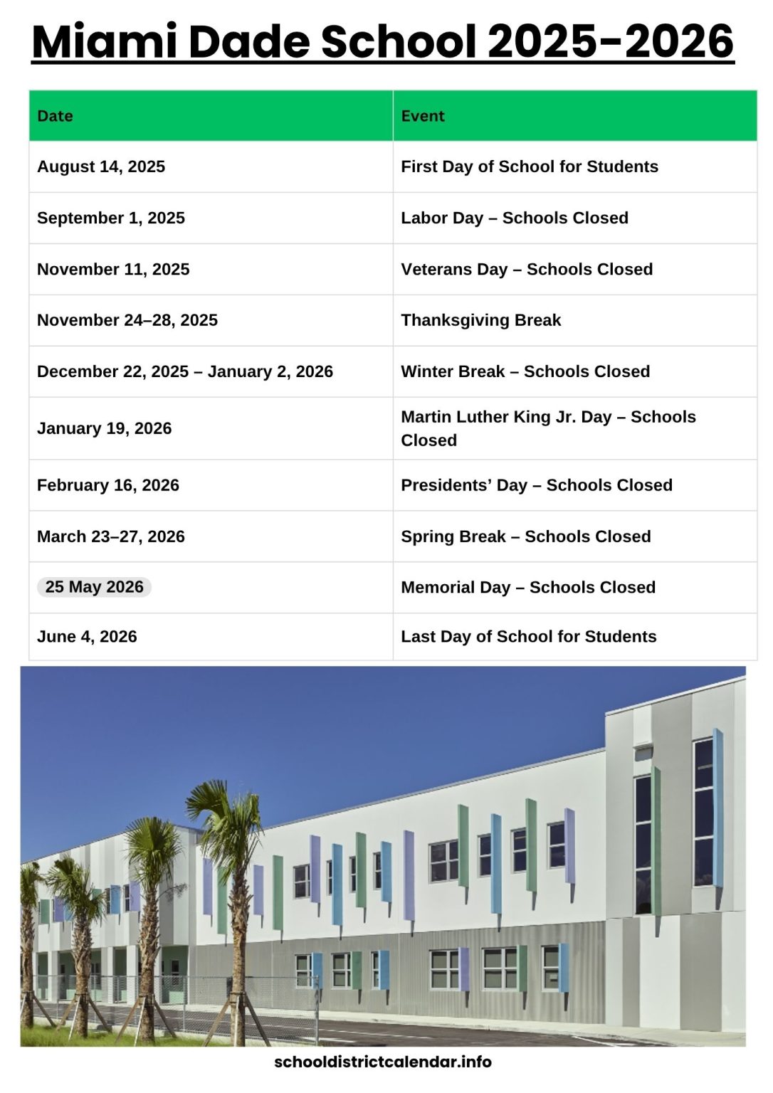 Miami Dade School Calendar with Holidays 2025-2026