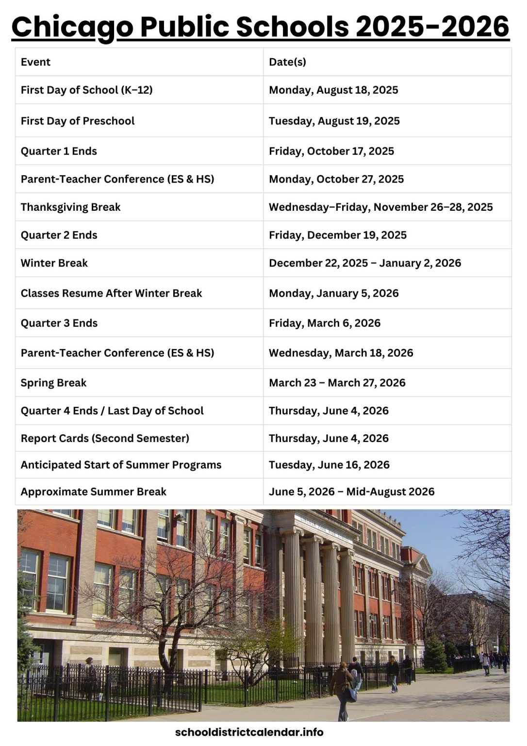 Chicago Public Schools Calendar with Holidays 2025-2026