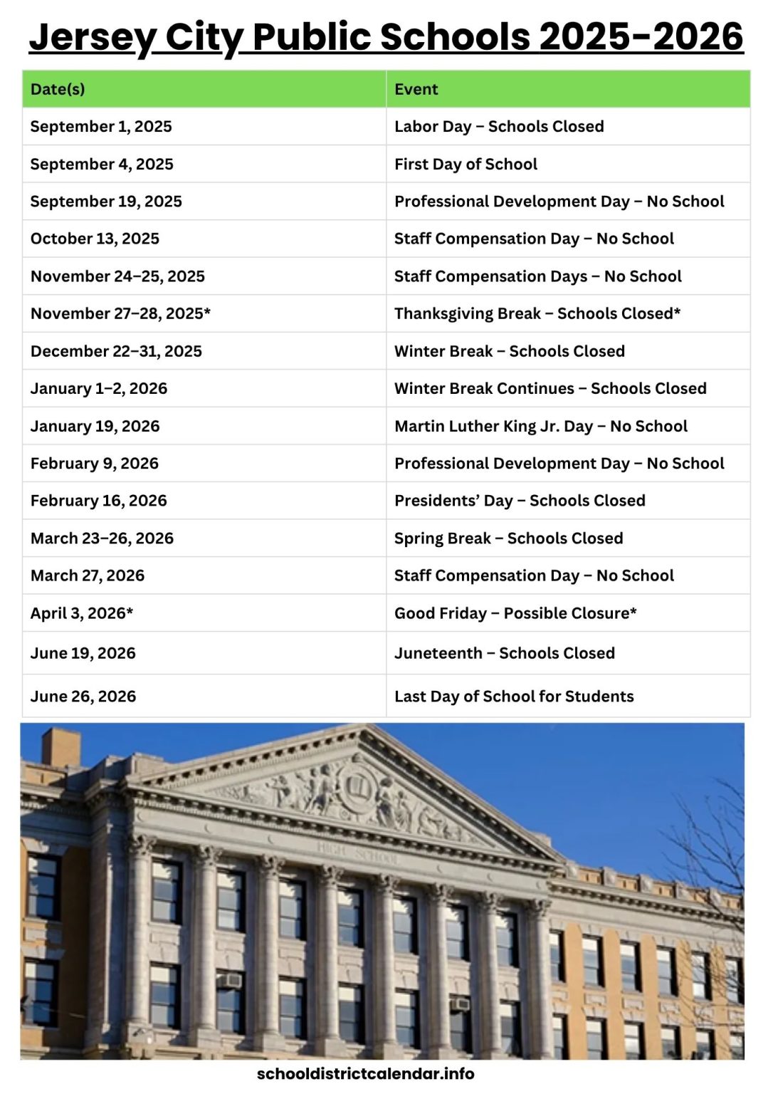 Jersey City Public Schools Calendar with Holidays 2025-2026
