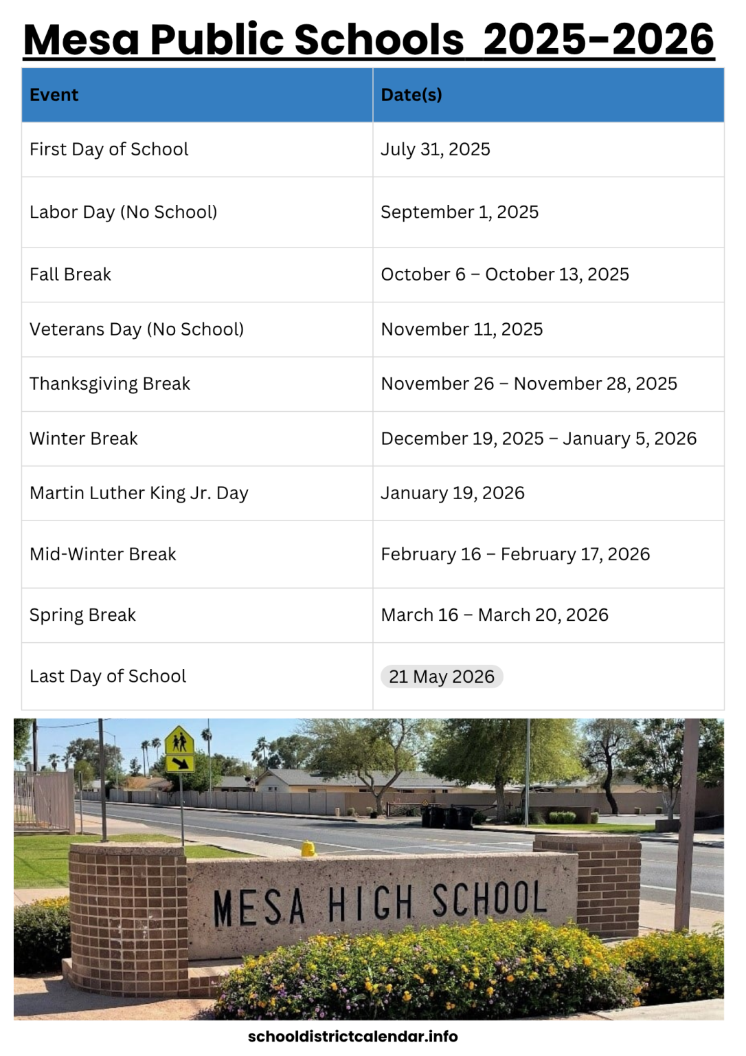 Mesa Public Schools Calendar with Holidays 2025-2026
