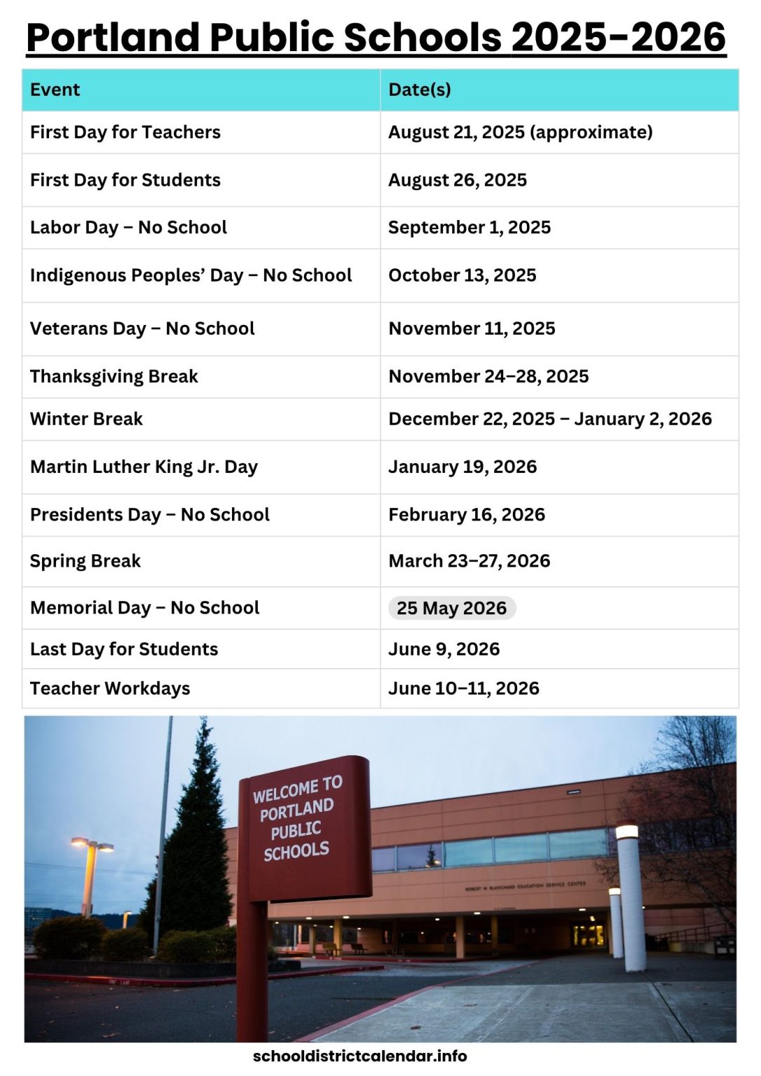 Portland Public Schools Calendar with Holidays 2025-2026