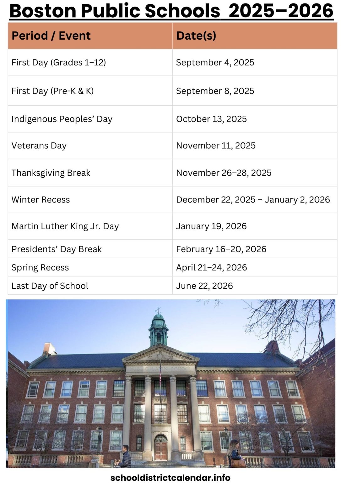 Boston Public Schools Calendar with Holidays 2025-2026