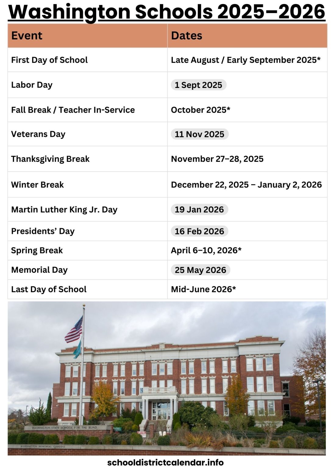 Washington Schools Calendar with Holidays 2025-2026 [WA]