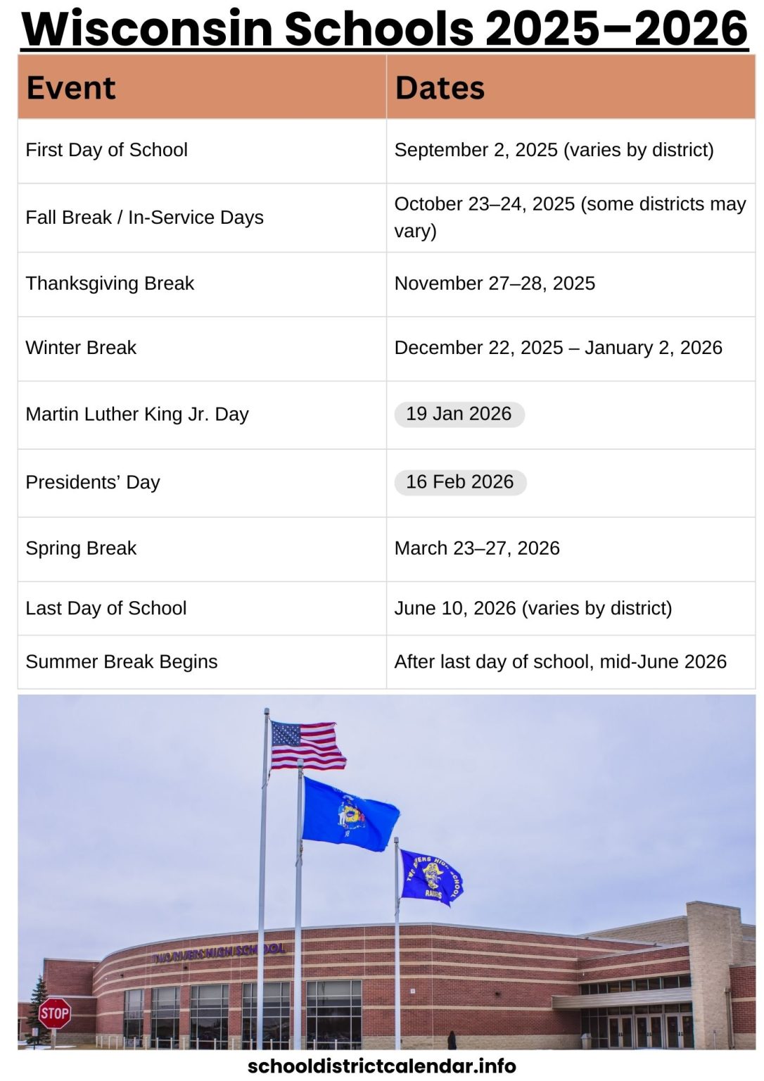 Wisconsin Schools Calendar with Holidays 2025-2026 [WI]